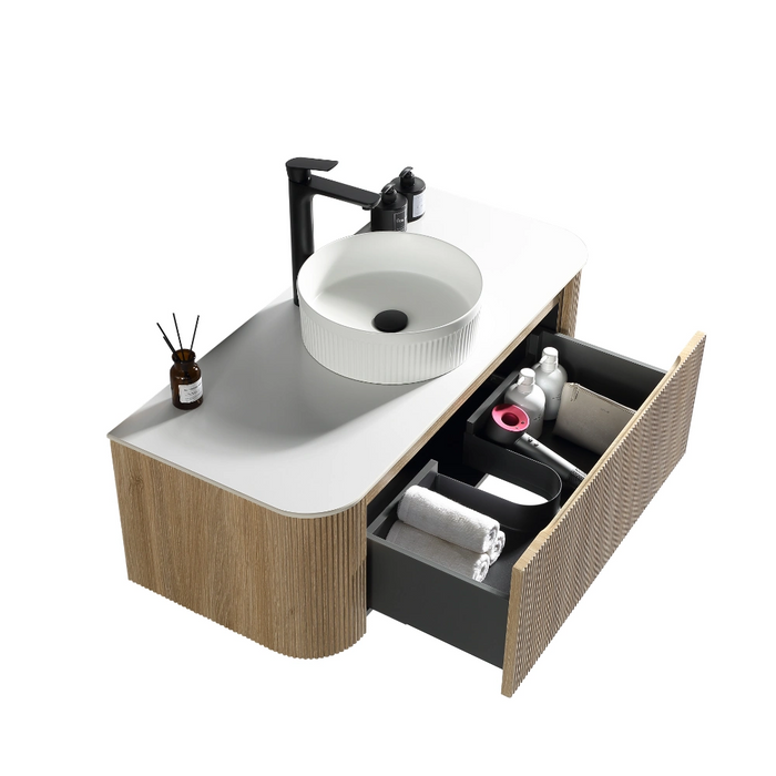Fluted 1075mm Wall Hung Curved Corner Vanity + Countertop - Oak ...