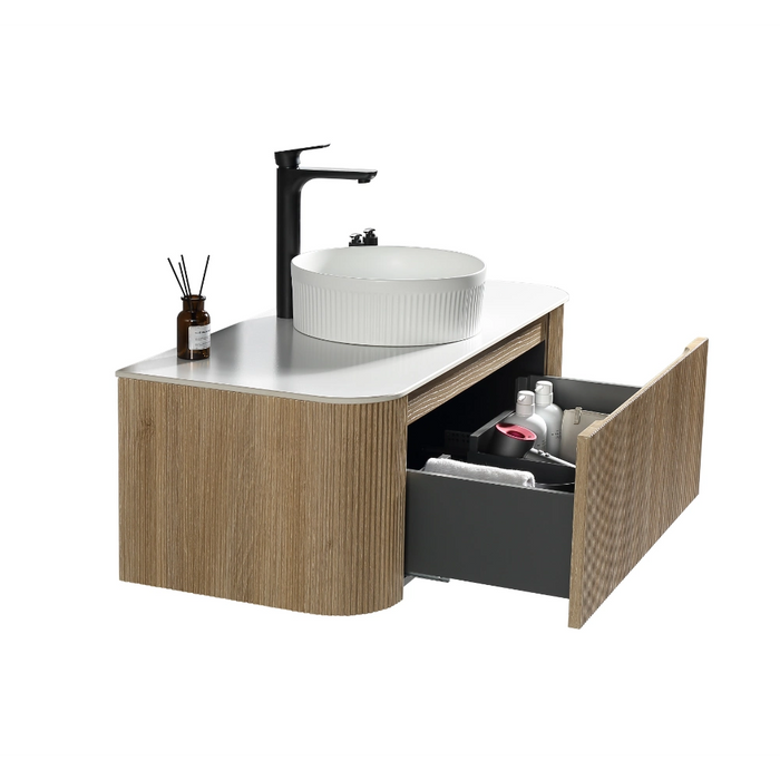 Fluted 1075mm Wall Hung Curved Corner Vanity + Countertop - Oak ...