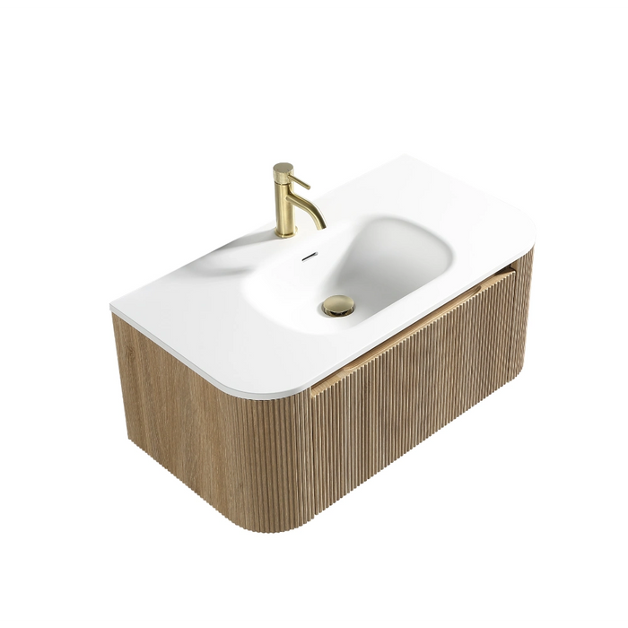 Fluted 870mm Wall Hung Curve Corner Vanity & Matte Basin - Oak ...