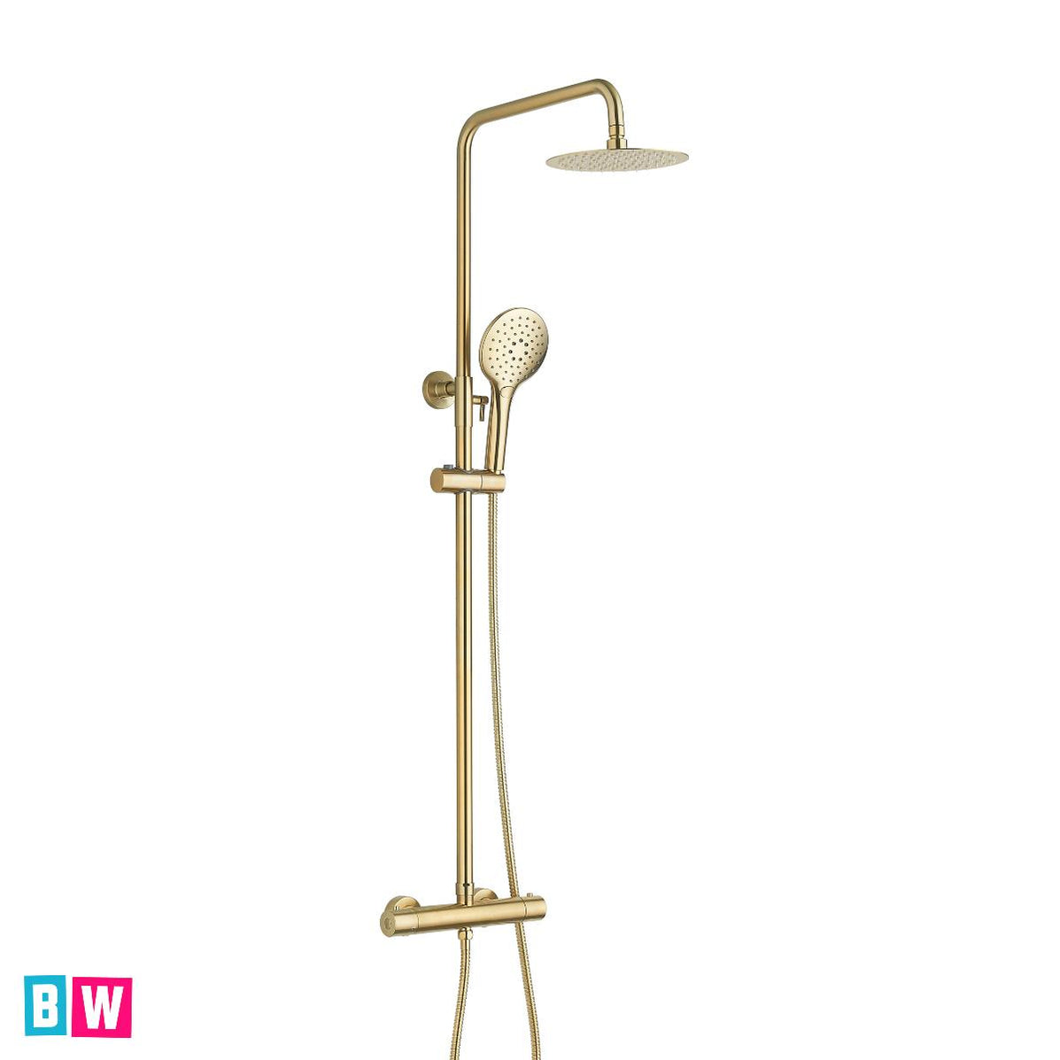 Premium Brushed Brass Thermostatic T-Bar Shower with Rain Head & Rail ...