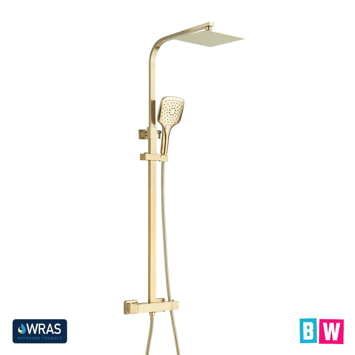Square Brushed Brass T-Bar Shower with Rain Head | 10YR - Bathroom ...