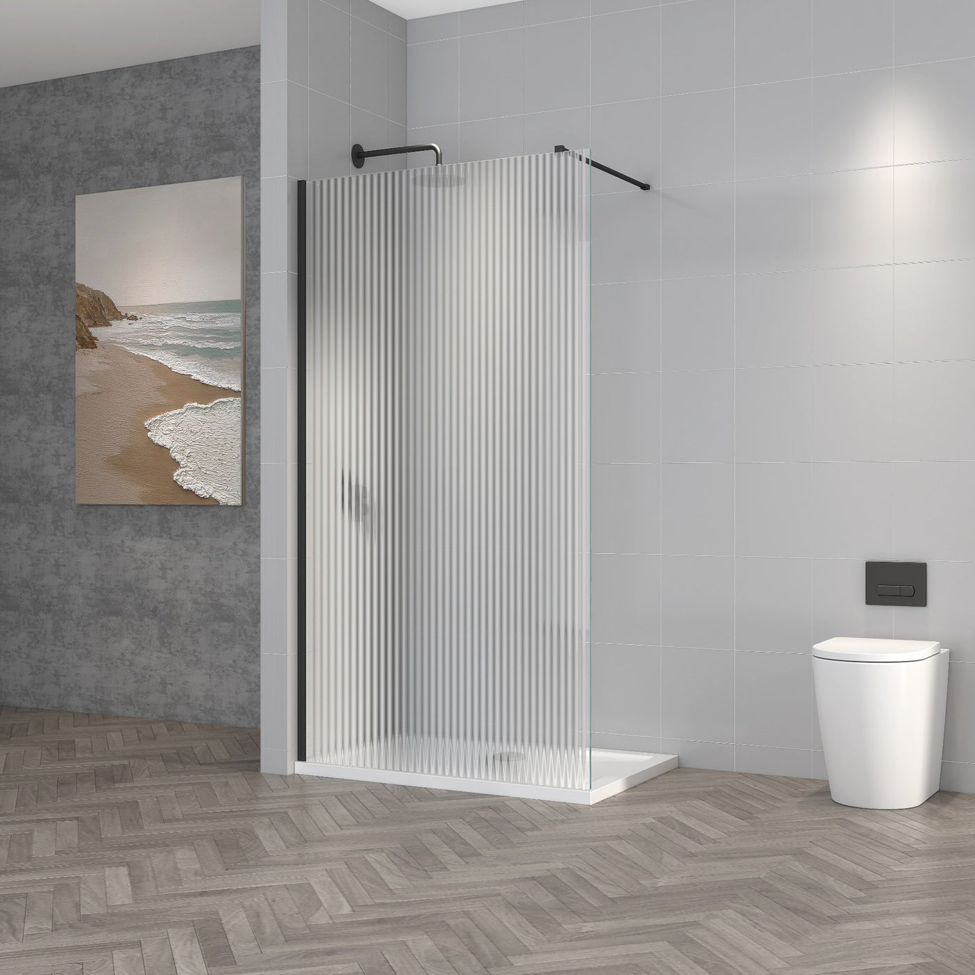 1100mm Fluted Wet Room Screen - Black - Bathroom Warehouse