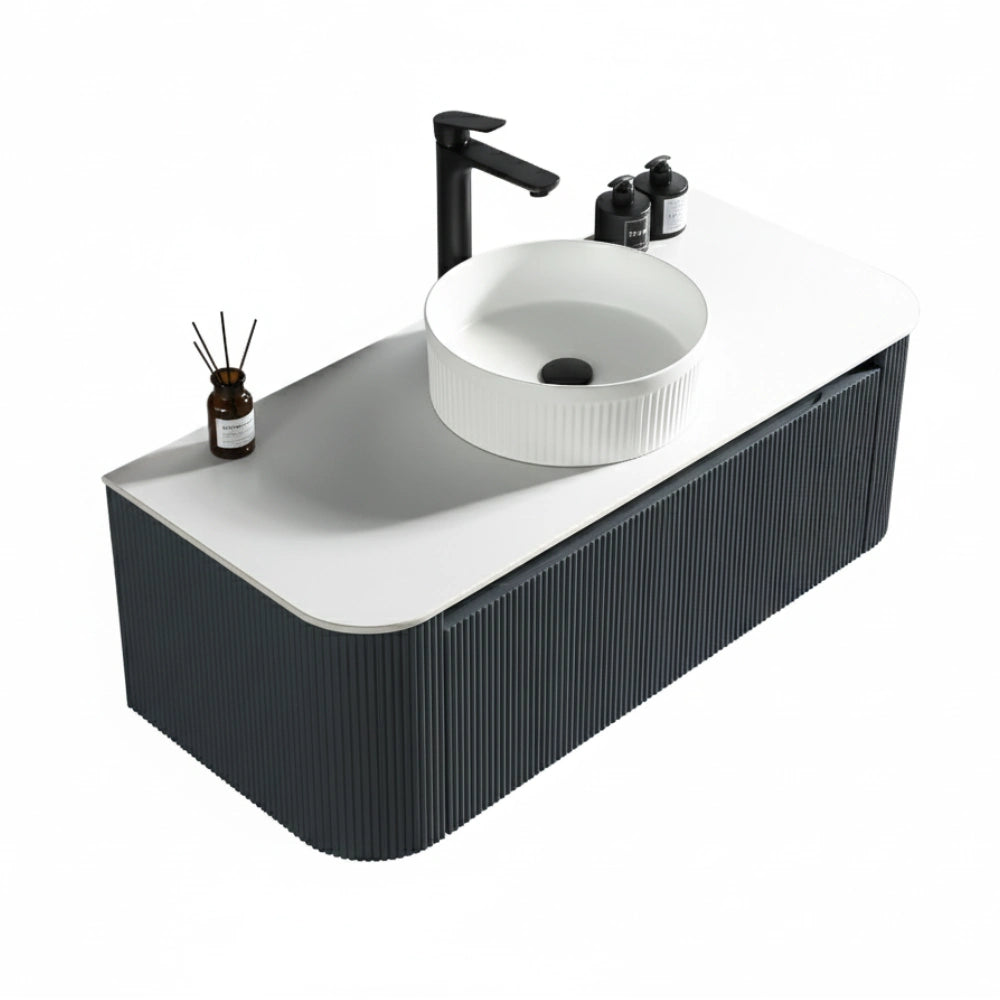 Fluted 1075mm Wall Hung Curved Corner Vanity + Countertop - Bathroom ...