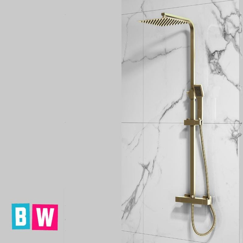 Flow Brushed Brass Thermostatic T-Bar Drench Head Shower Square ...