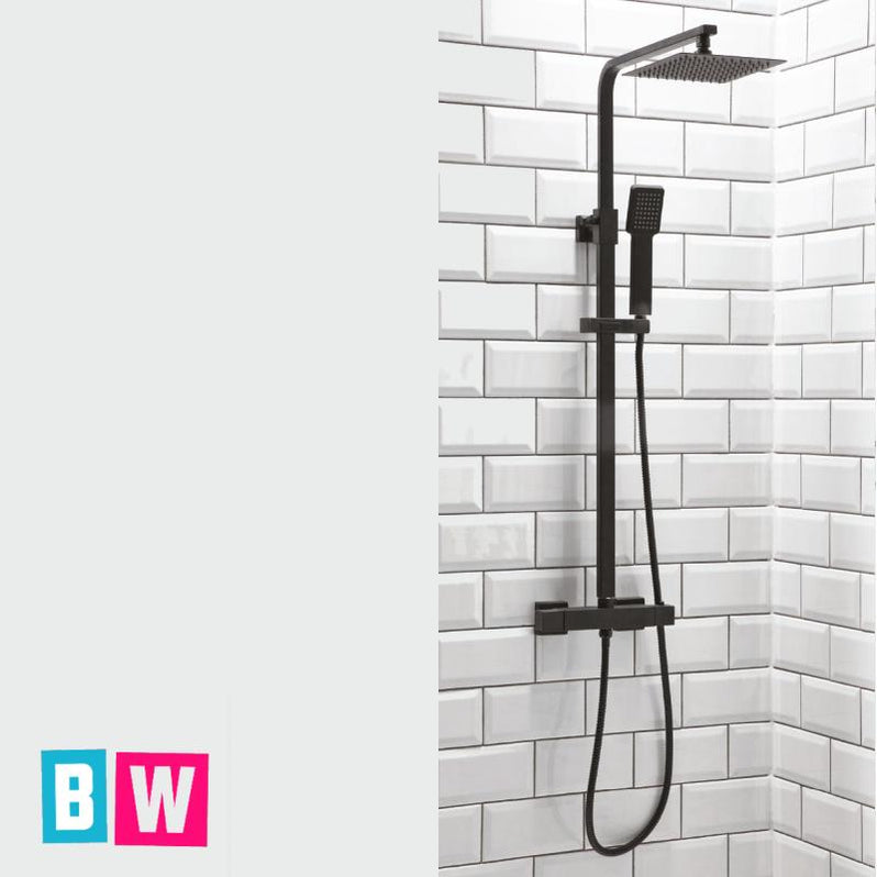 Flow Black Thermostatic T-Bar Shower with Rail & 200mm Square Drench H ...