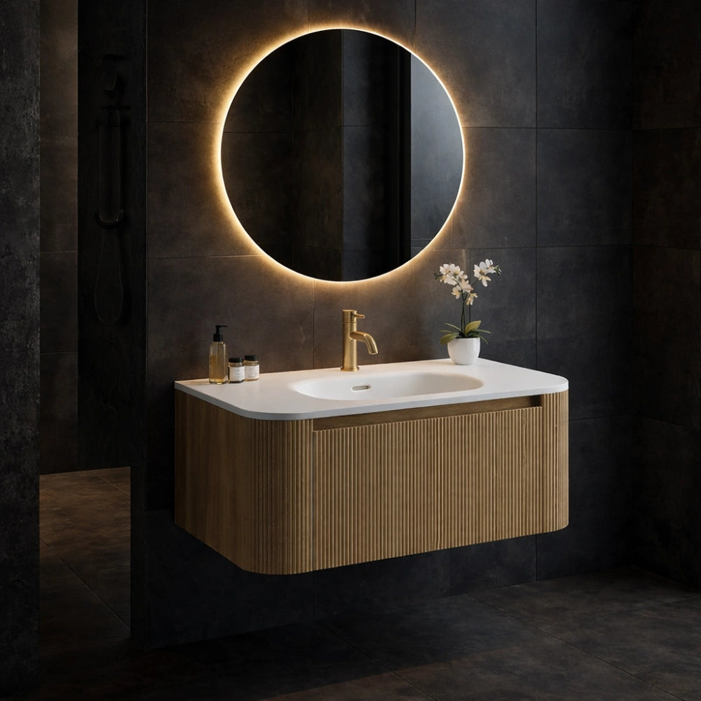 Fluted 870mm Wall Hung Curve Corner Vanity & Matte Basin - Oak ...